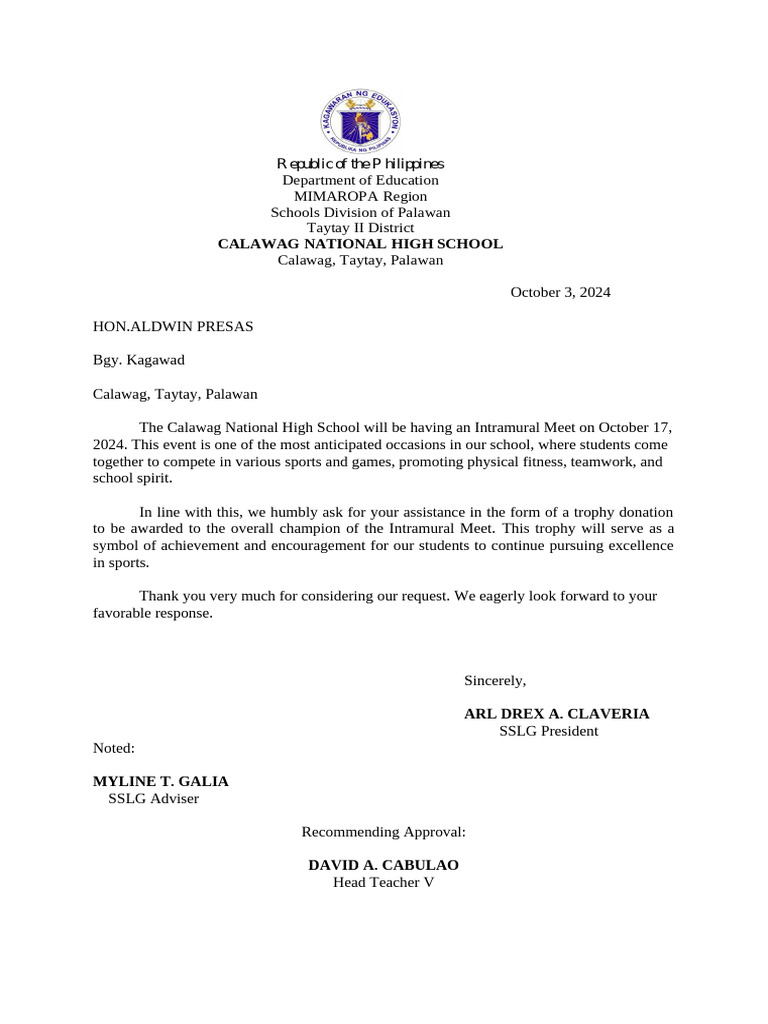 Request for Trophy on Intrams (2) | PDF