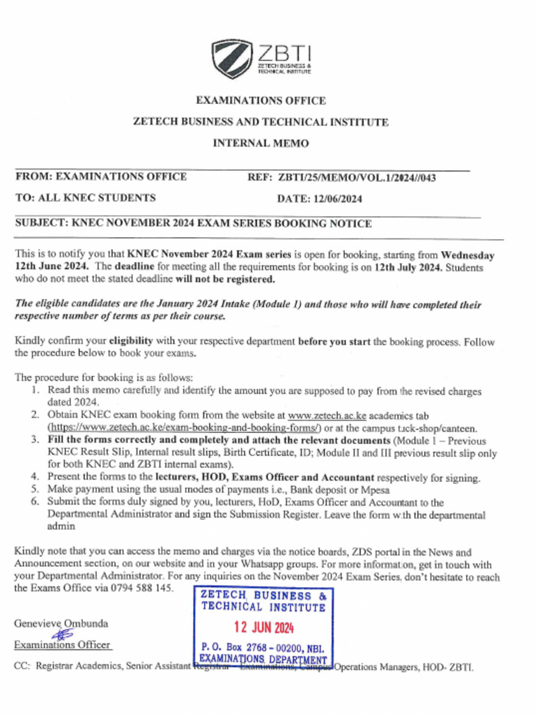 Booking Notice Memo For November 2024 Exam Series | PDF