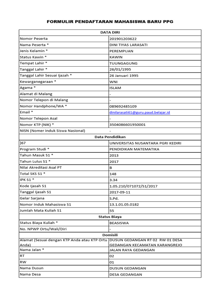 Form Mahasiswa Baru | PDF
