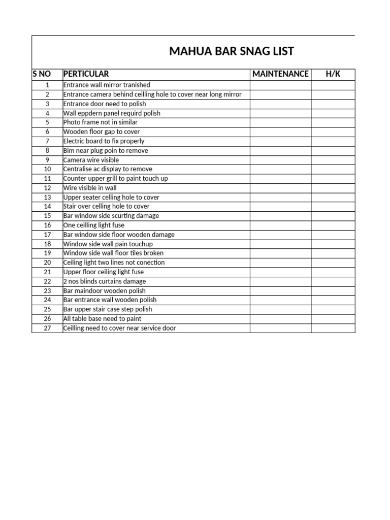 Bar Snag List | PDF