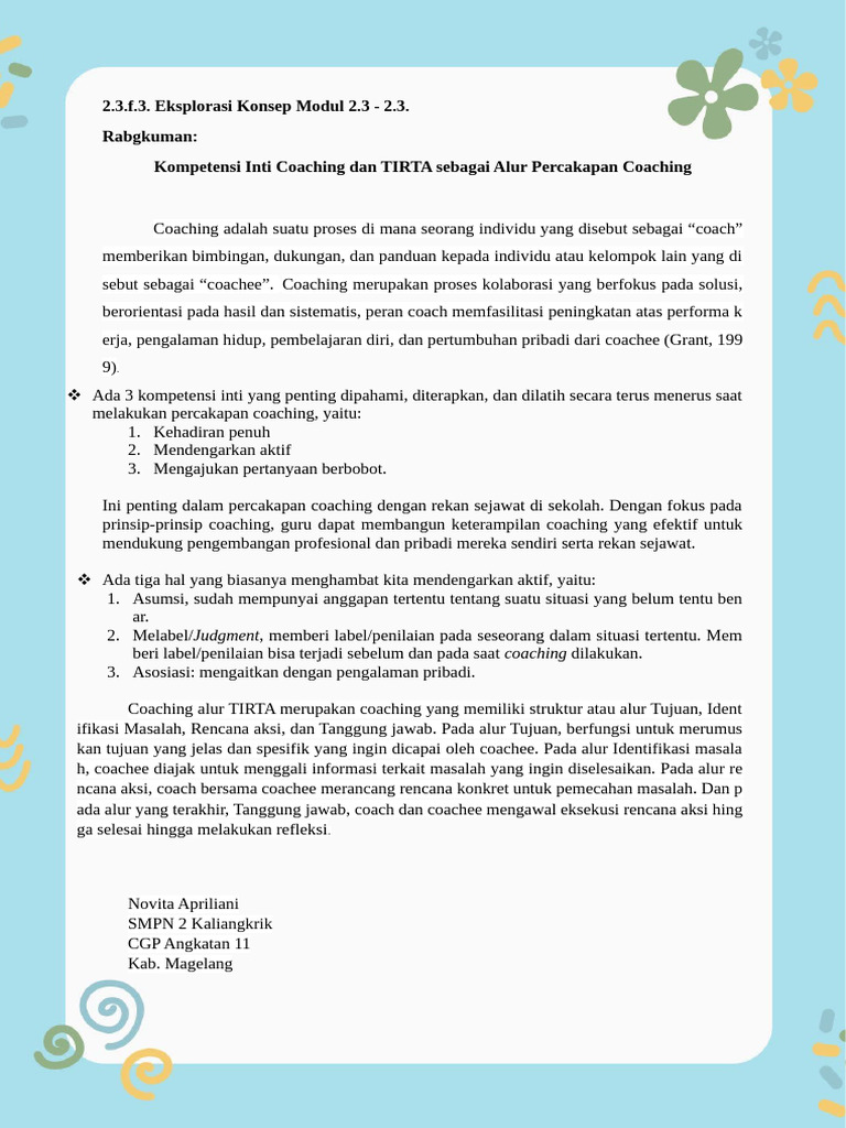 Rangkuman Modul 2.3 Kompetensi Inti Coaching Dan TIRTA Sebagai Alur Percakapan Coaching | PDF