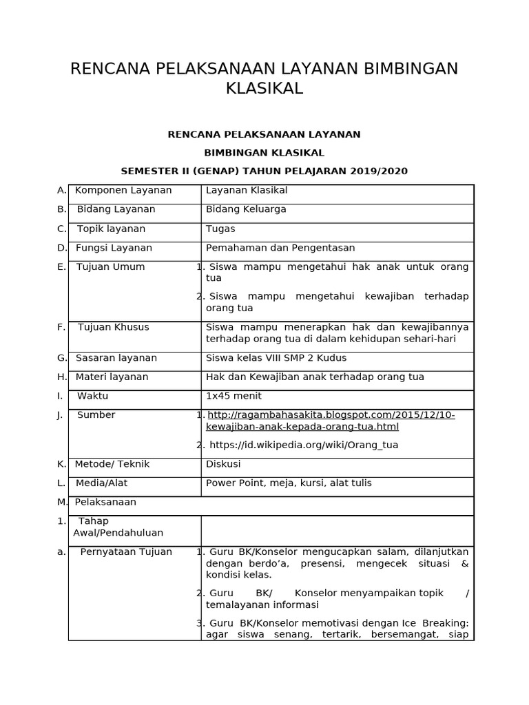 Rencana Pelaksanaan Layanan Bimbingan Klasikal | PDF