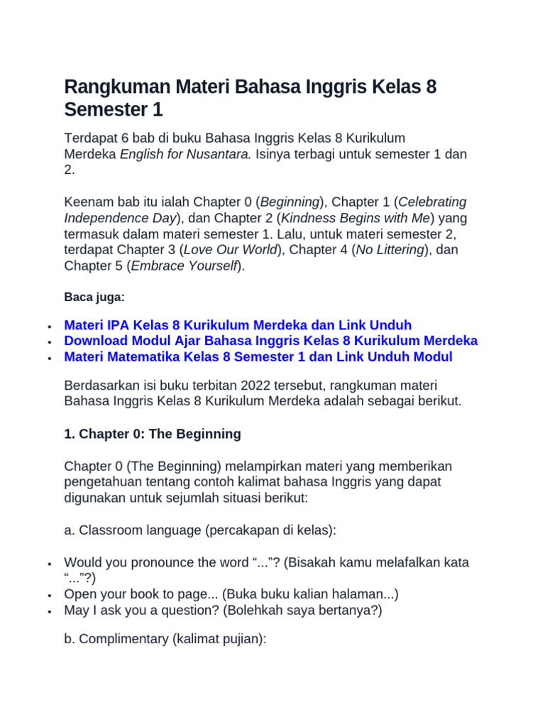 Rangkuman Materi Bahasa Inggris Kelas 8 Semester 1 | PDF