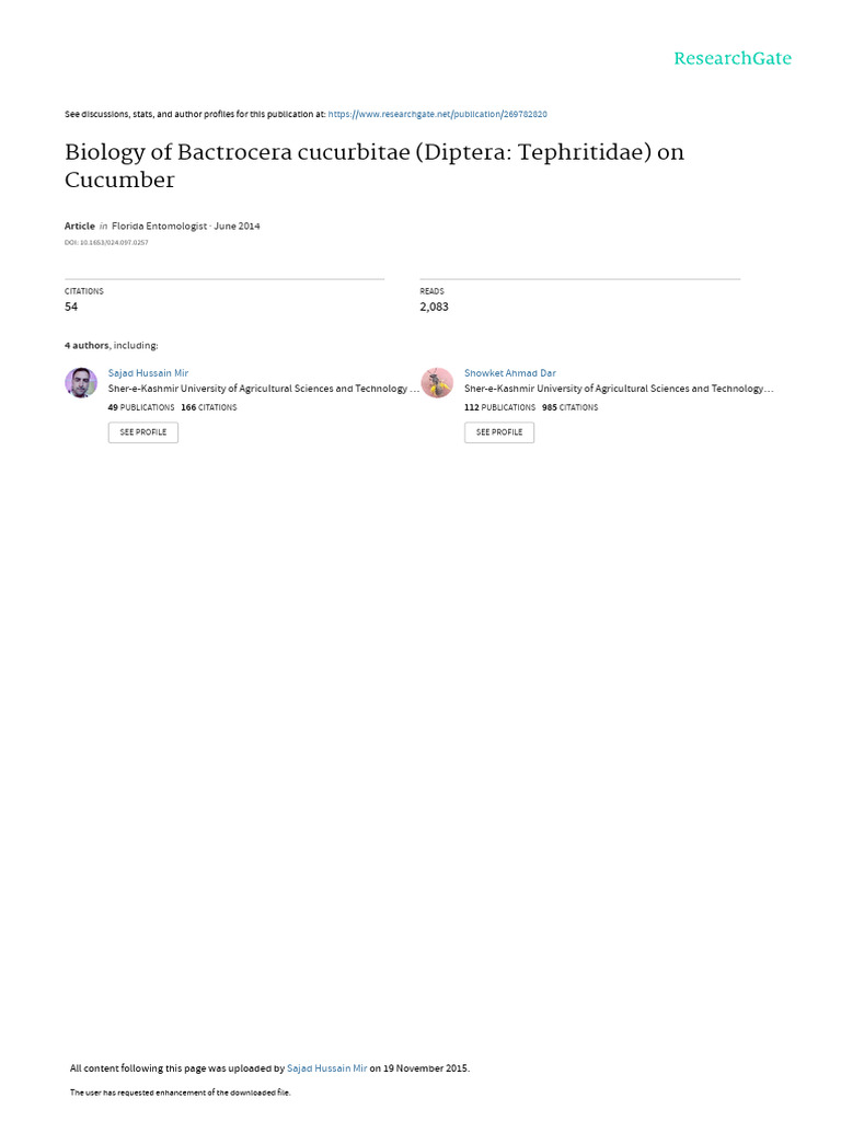 Biology of Bactrocera Cucurbitae Diptera Tephritid | PDF