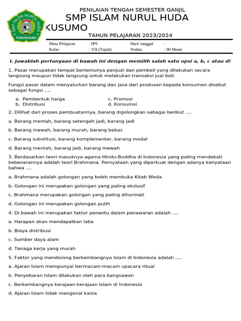 Soal PTS Ips Kelas 7 (Semester Genap) | PDF
