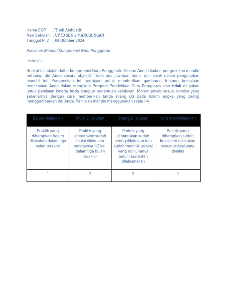 OK Lembar Asesmen Mandiri Kompetensi Guru Penggerak - A5 FINAL 150522 | PDF