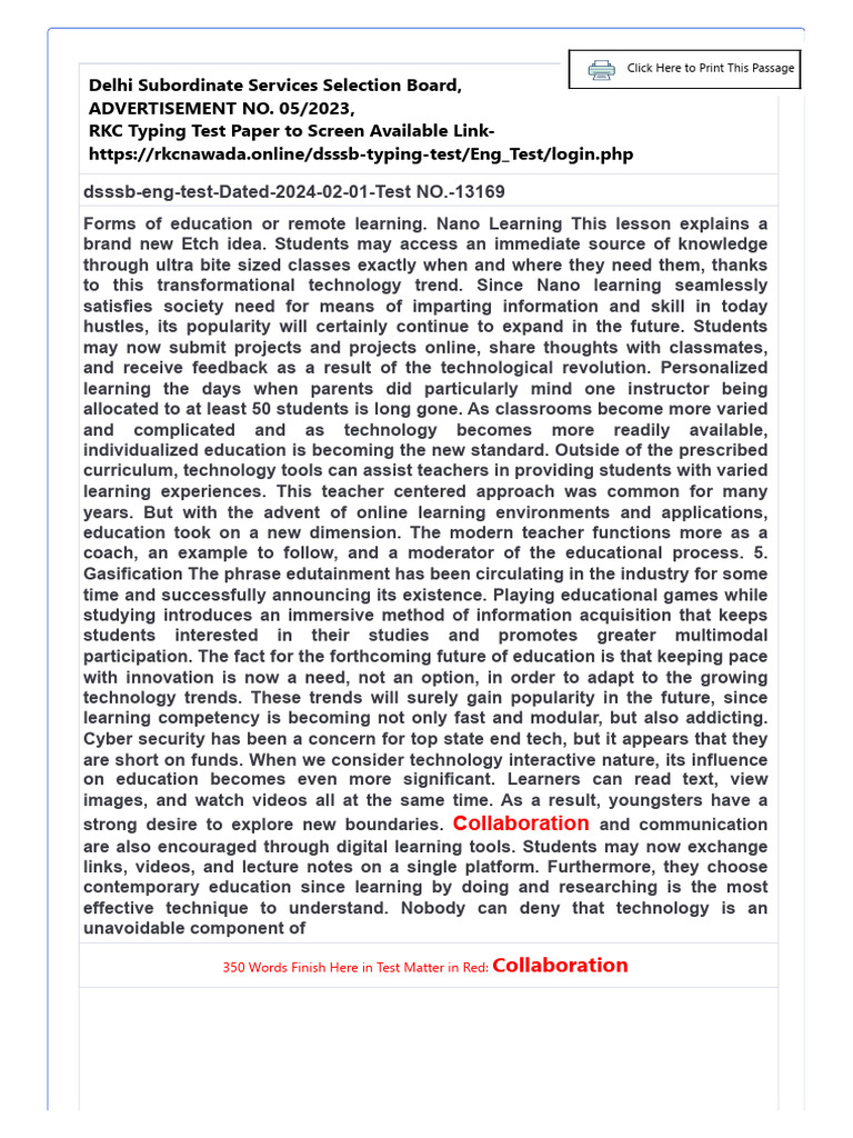 DSSSB Adv - No 05 2023 English Typing 167 Test Matter Feb 2024 Rajat | PDF