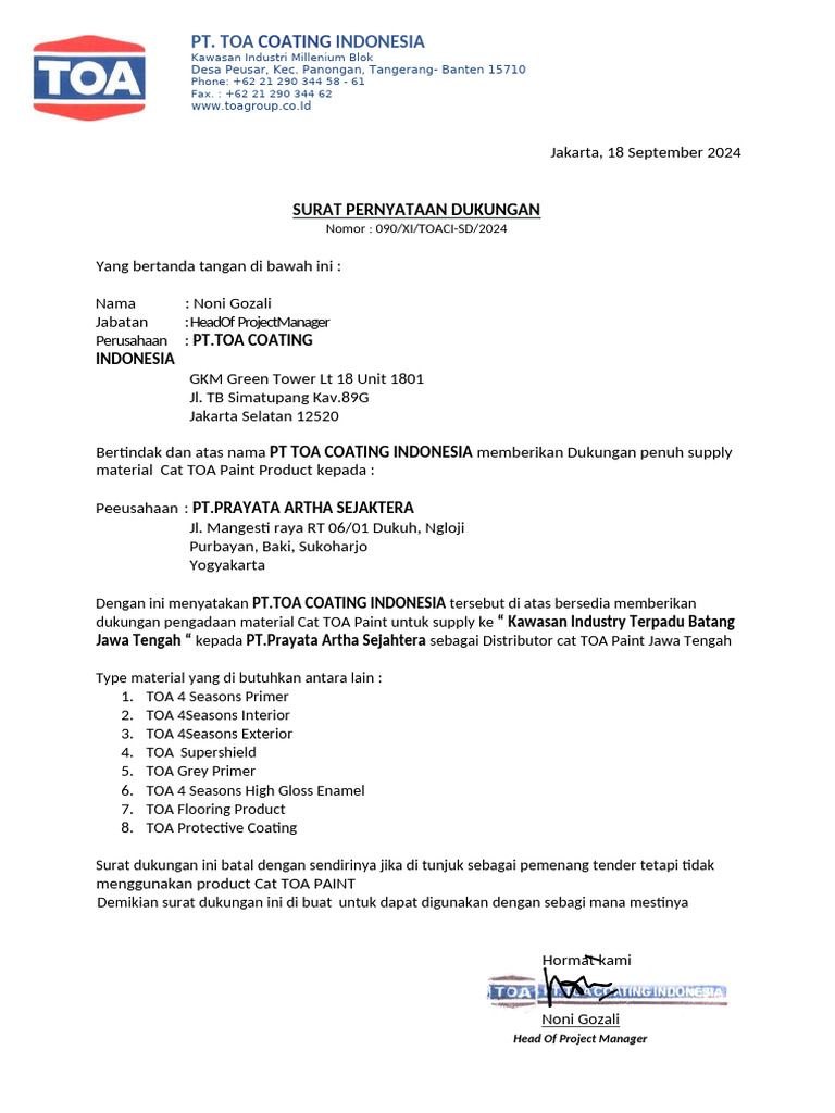 Surat Dukungan Material PT. PAS Jogja (Batang) | PDF