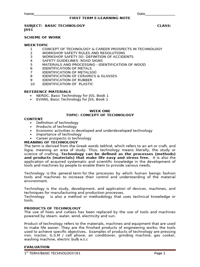 1st Term j1 Basic Technology | PDF