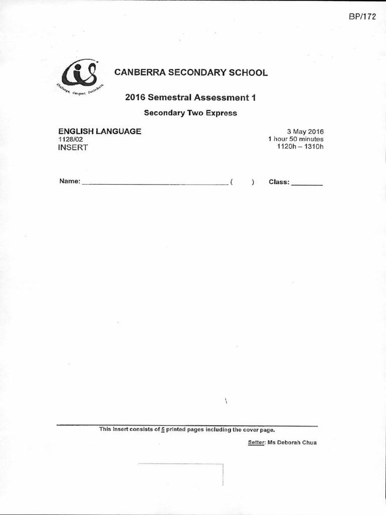 2016 Sec 2 Express English SA1 Canberra Secondary Paper 2 (Exclude Text ...