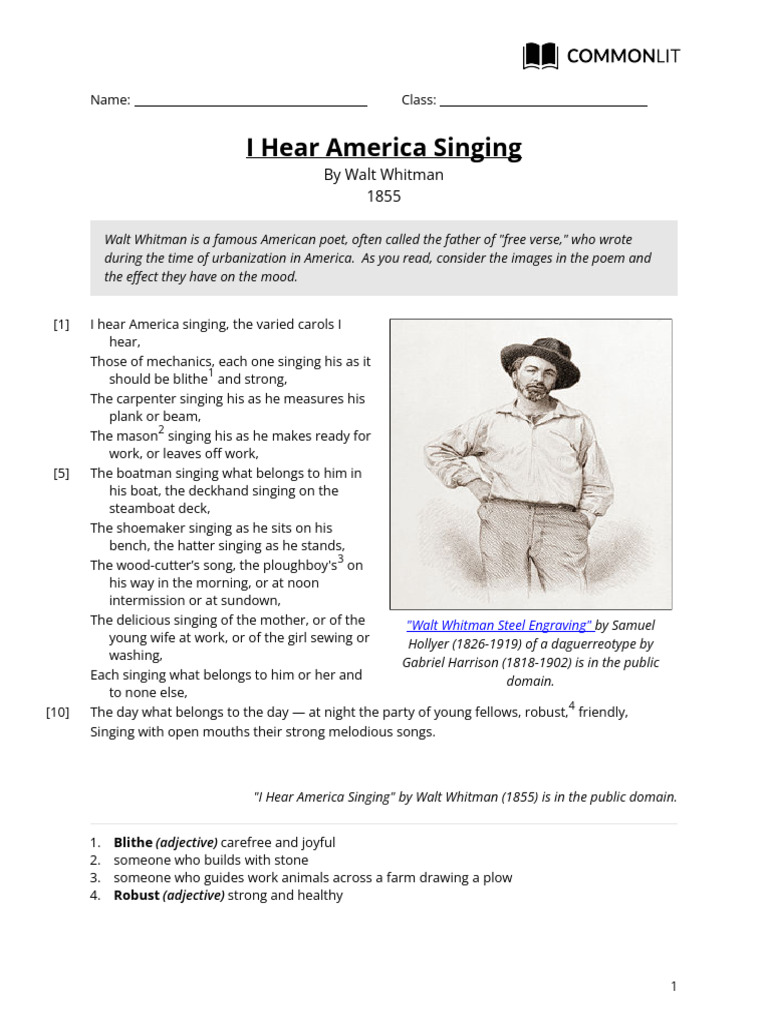 I Hear America Singing-Student | PDF