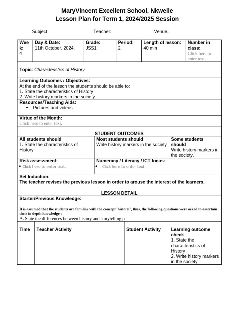 History jss1 Lesson Plan Week 4 | PDF | Teachers | Artifact (Archaeology)