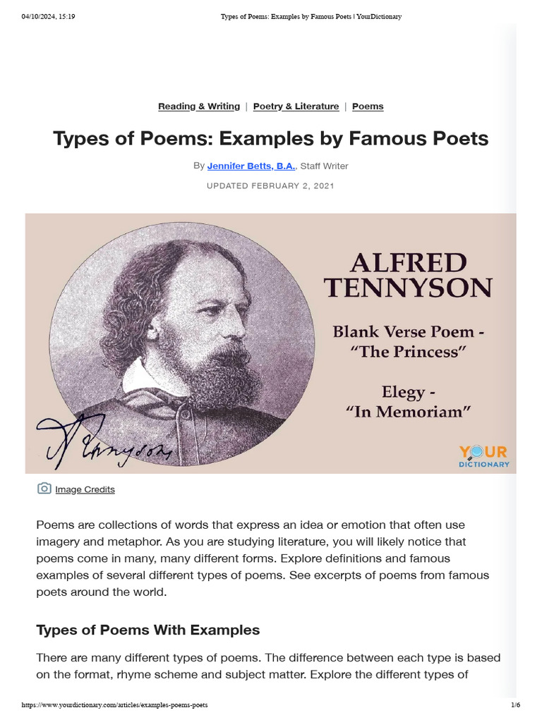 Types of Poems - Examples by Famous Poets - YourDictionary | PDF ...