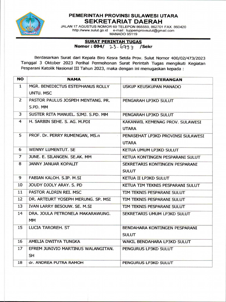 SURAT TUGAS LP3KD SULUT TAHUN 2023 | PDF