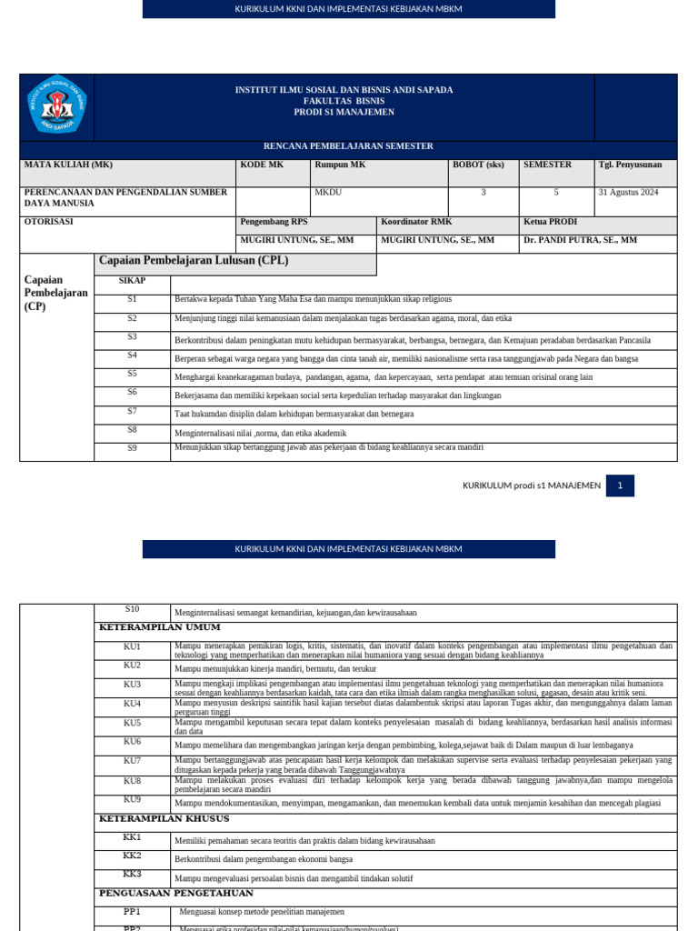 RPS Perencanaan Dan Pengendalian SDM Ganjil 2024-2025 | PDF