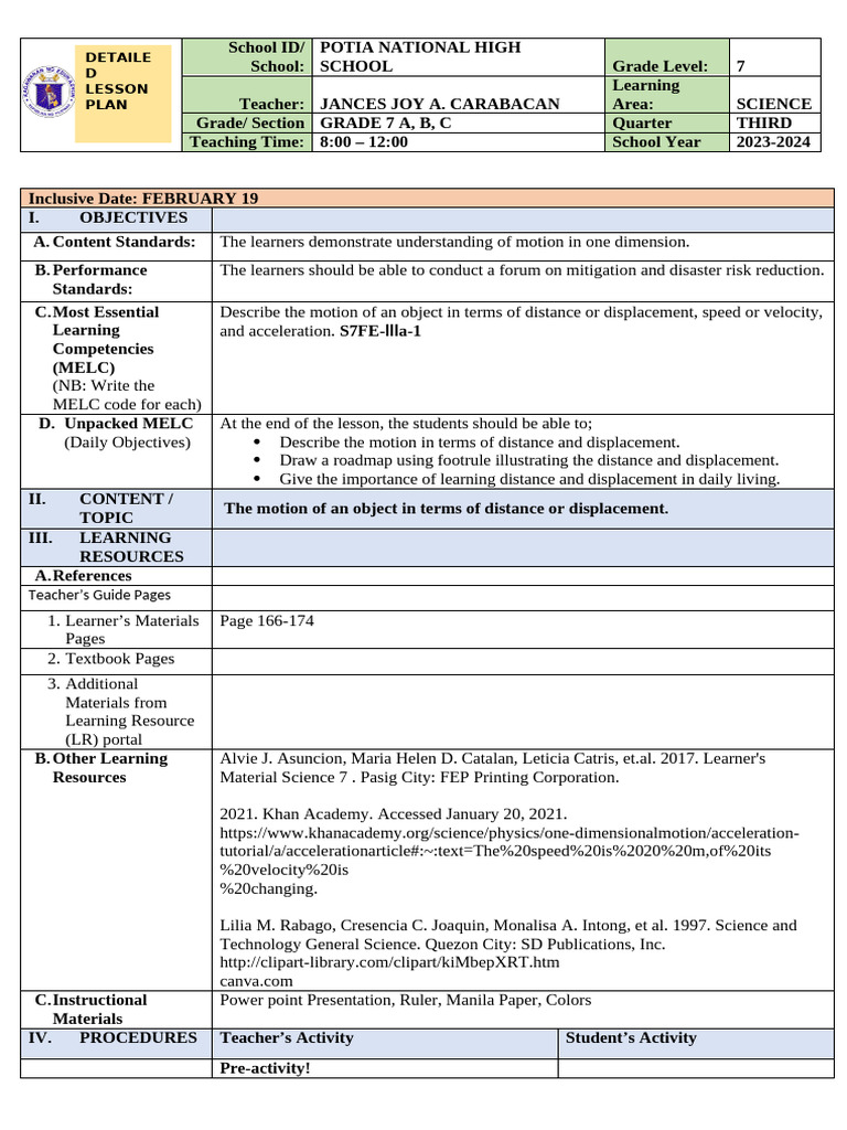 Lesson Plan GRADE 7 DISTANCE & DISPLACEMENT | PDF