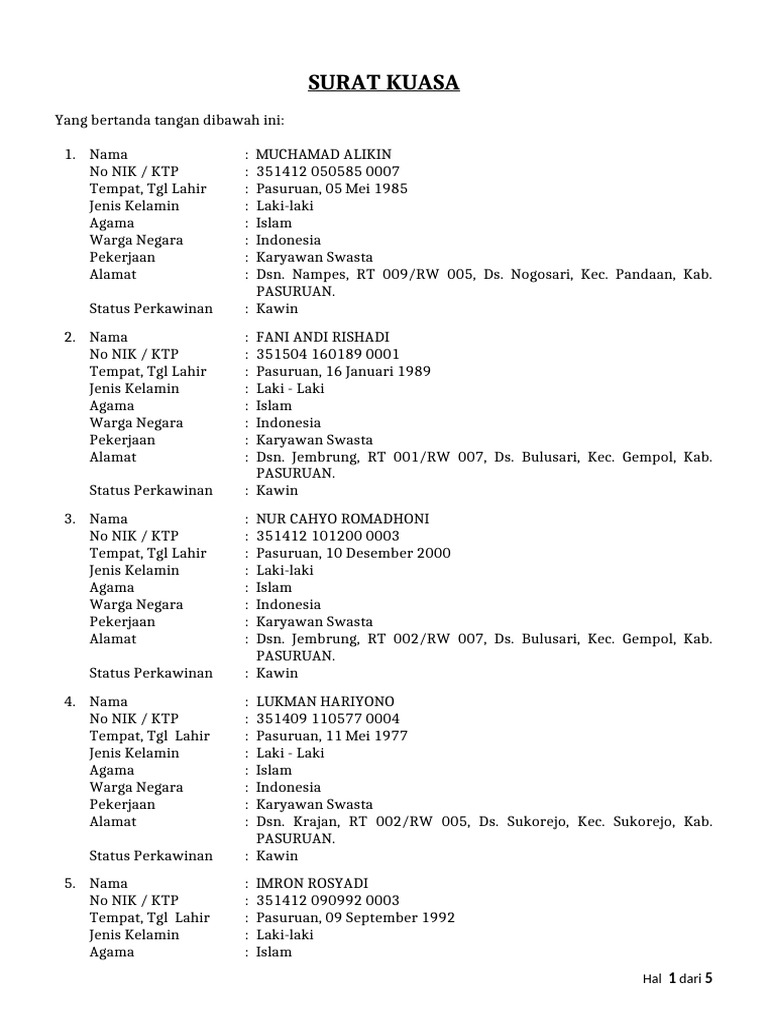 SURAT KUASA Gugatan PHI M. Alikin DKK (8 Org) | PDF