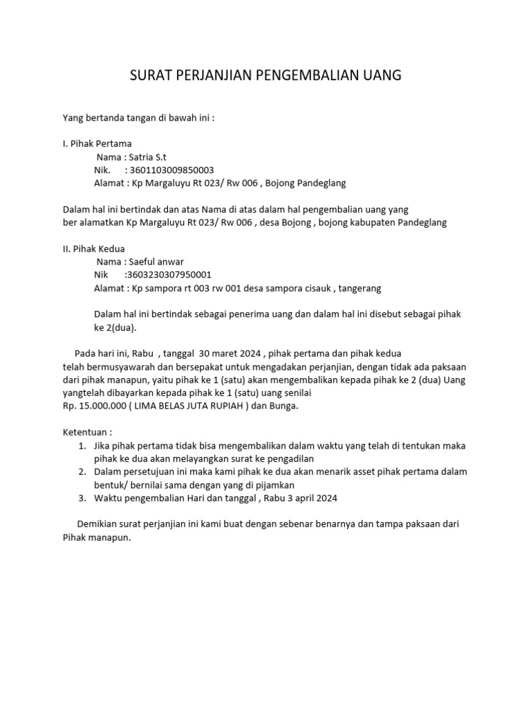 Surat Perjanjian Pengembalian Uang | PDF | Politik | Hukum