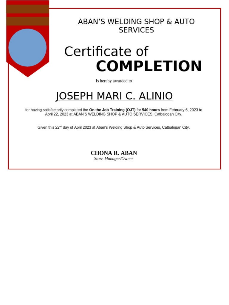 OJT Certificate | PDF