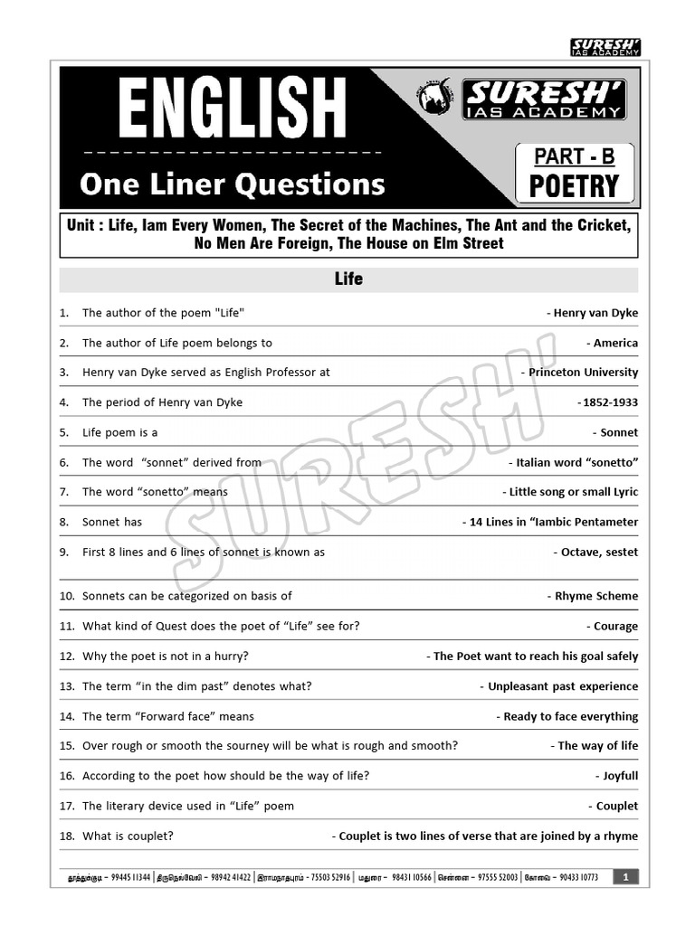 TNPSC English One Liner (Part B English) | PDF