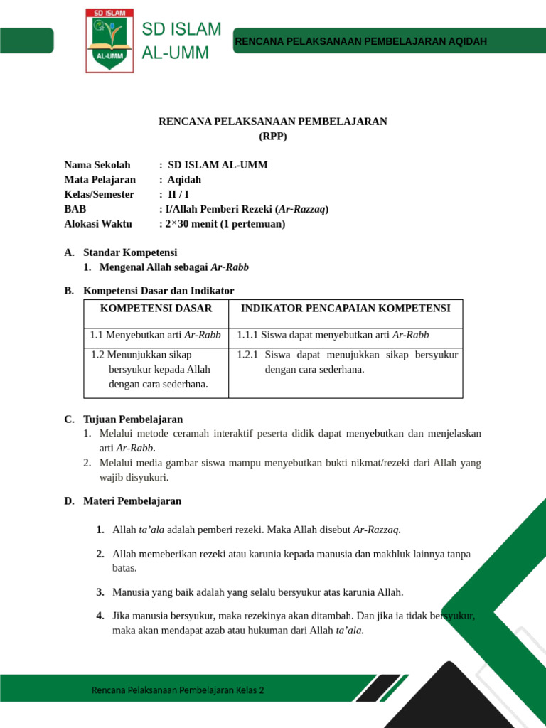 RPP Diniyah - Aqidah 2 - Bab1 | PDF