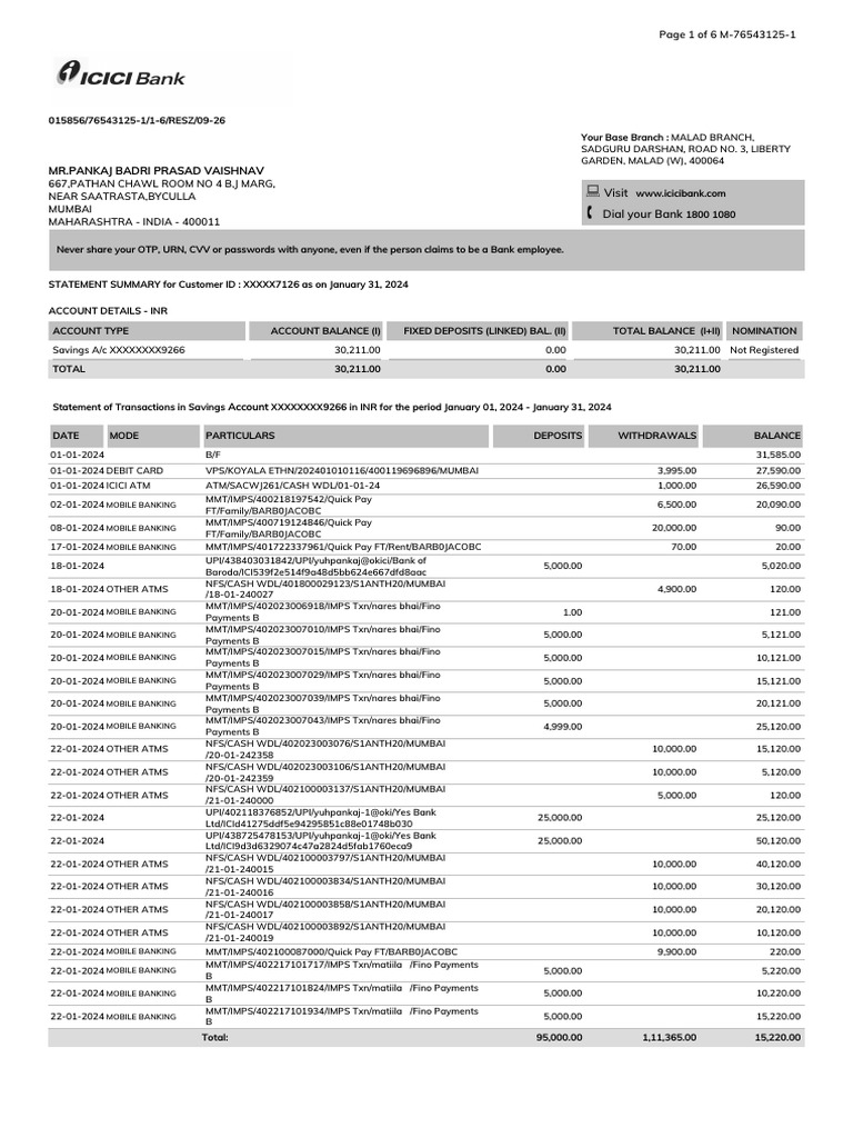 ICICI Jan Statement - M01 | PDF