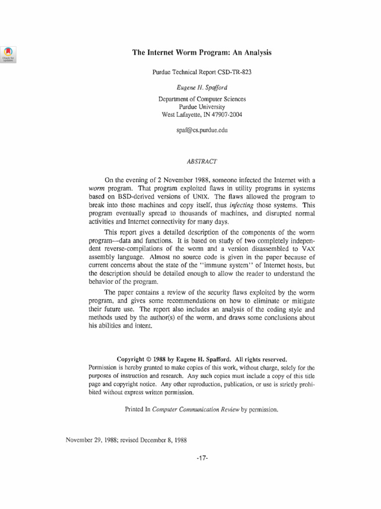 The Internet Worm Program: An Analysis: Eugene H. Spoffor D | PDF