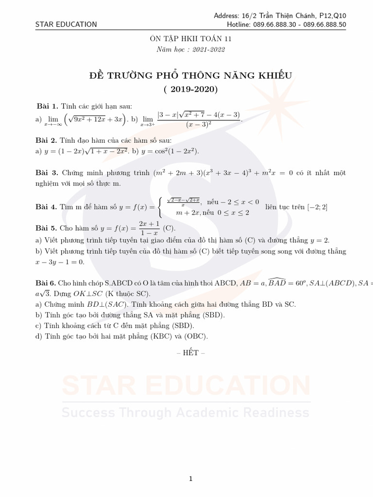 11 Toán HK2 Đề thi HK2 Phổ Thông Năng Khiếu 18 19 Lê Nguyễn Uyên Phương | PDF