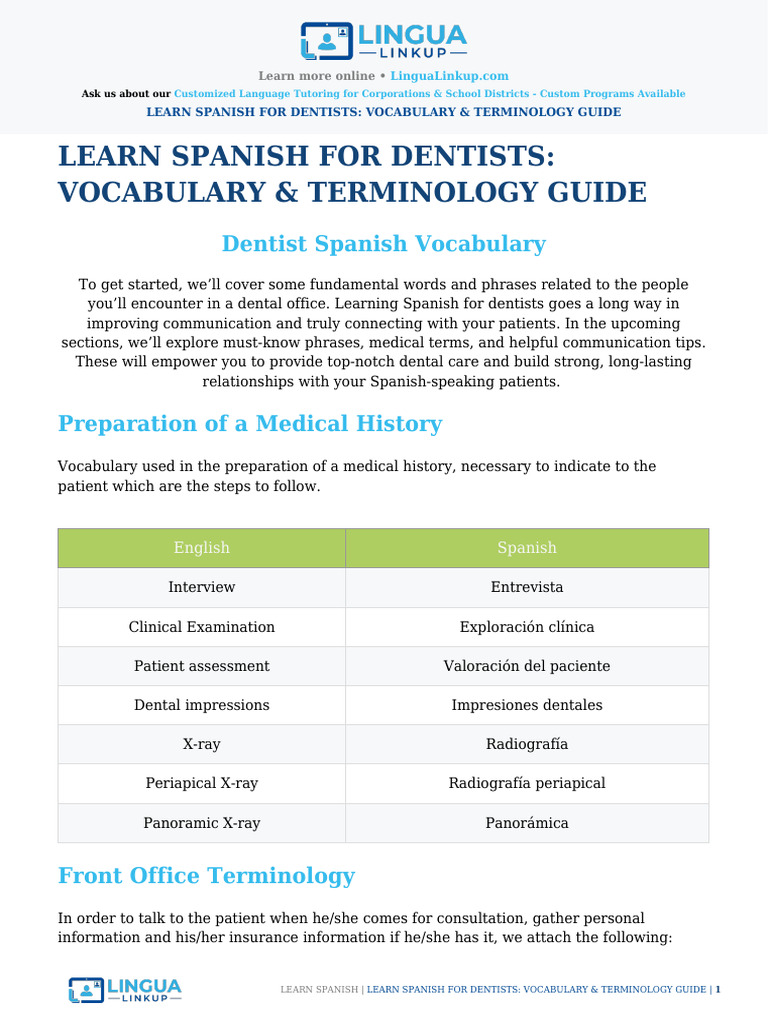 Learn Spanish For Dentists - Vocabulary & Terminology Guide | PDF ...