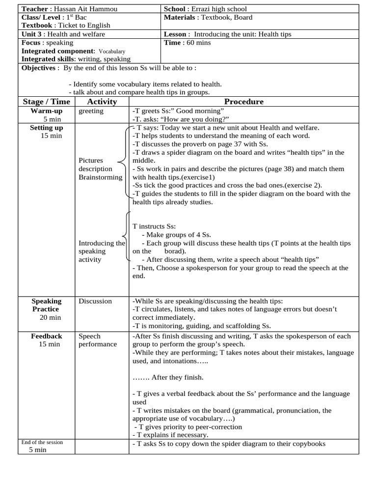 Lesson Plan-Speaking Health Tips | PDF