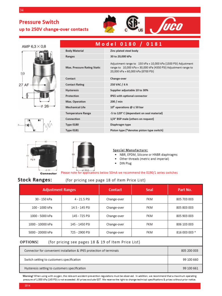 Pressure Switch: Up To 250V Change Over Contacts | PDF