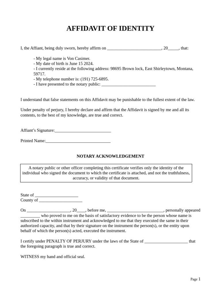 Affidavit of Identity | PDF