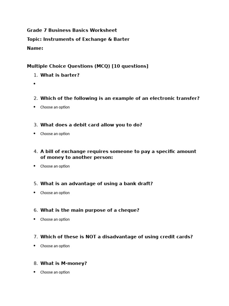 Business Studies Quiz on instruments of exchange worksheet | PDF