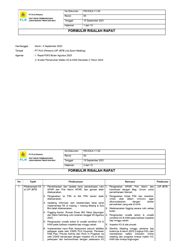 Risalah Rapat P2K3 - Agustus 2023 | PDF