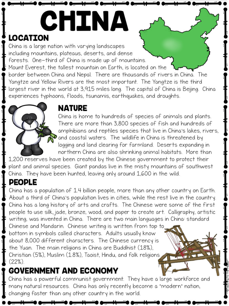 3 - China Overview Reading Comprehension Worksheet Country Studies Asia ...