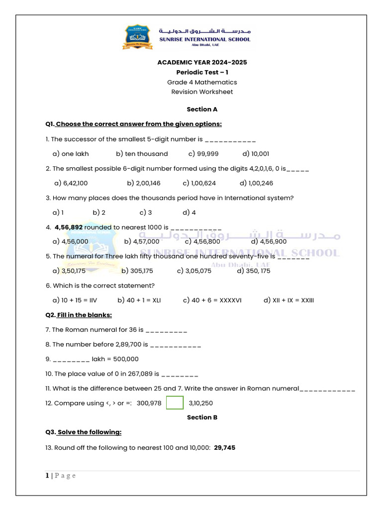 Revision Worksheet- Grade 4 | PDF