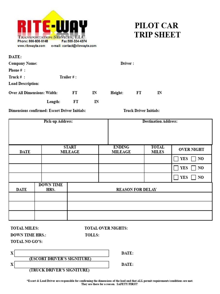 PILOT CAR TRIP SHEET v2.1 | PDF