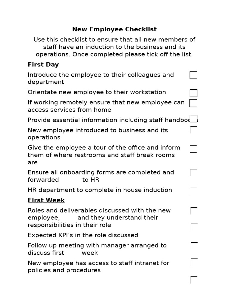 New Staff Induction Checklist Pdf