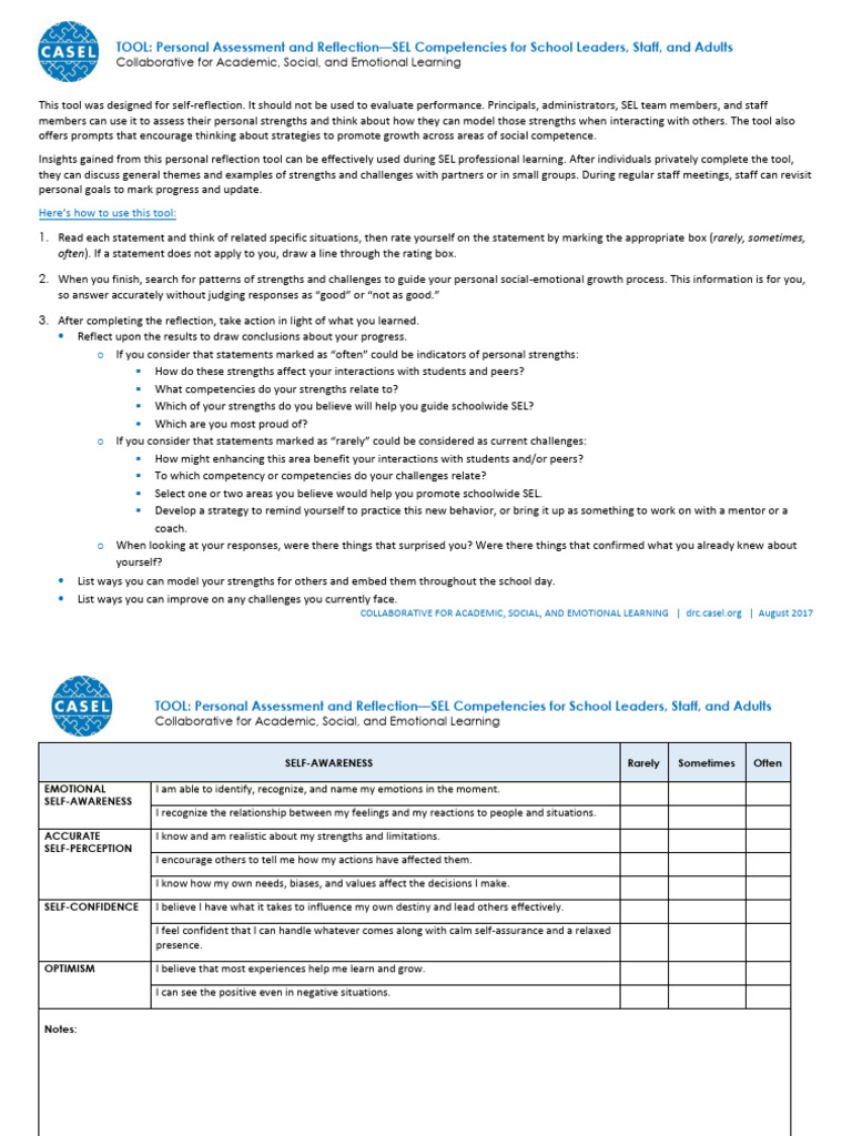 CASEL Personal Assessment and Reflection Tool SEL Competencies For ...