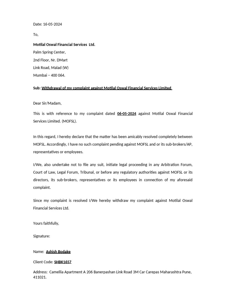 Complaint Withdrawal Letter@ | PDF
