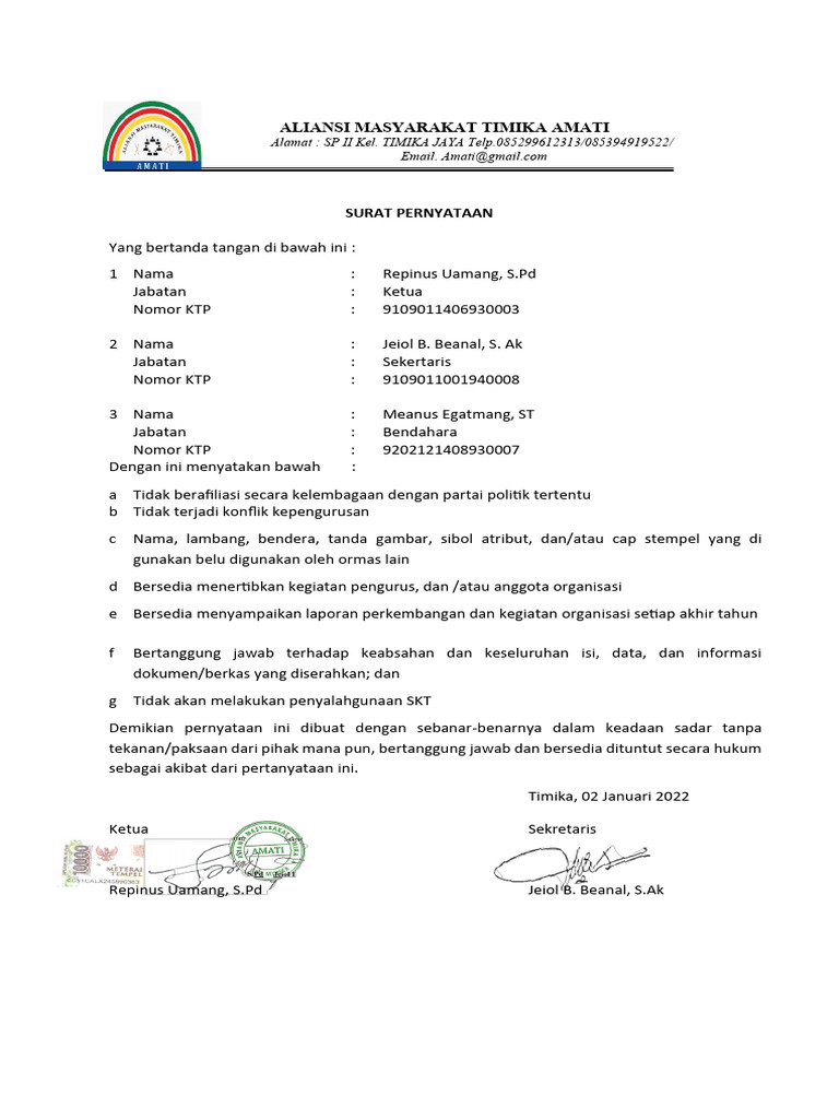 Surat Pernyataan Ormas | PDF