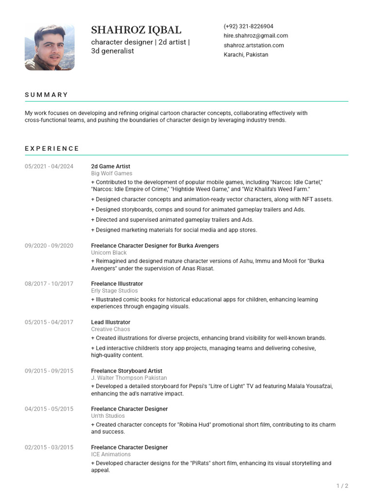 SHAHROZ IQBAL - Character Designer - 2d Artist - 3d Generalist - Resume ...
