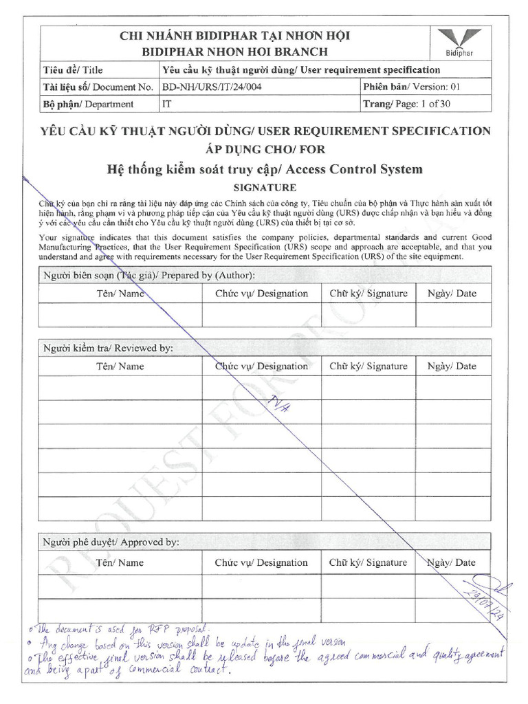 Bd-nh.urs.It.24.004 - urs Yêu Cầu Kỹ Thuật Người Dùng - Access Control | PDF
