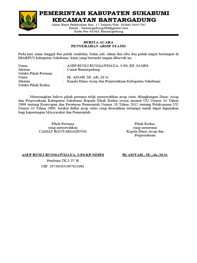Ba Penyerahan Arsip Statis Kecamatan Bantargadung 2024 | PDF
