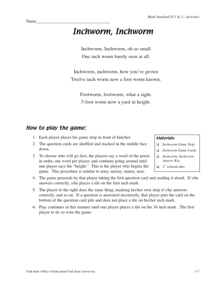 Inchworm Math Game Instructions | PDF | Games & Activities