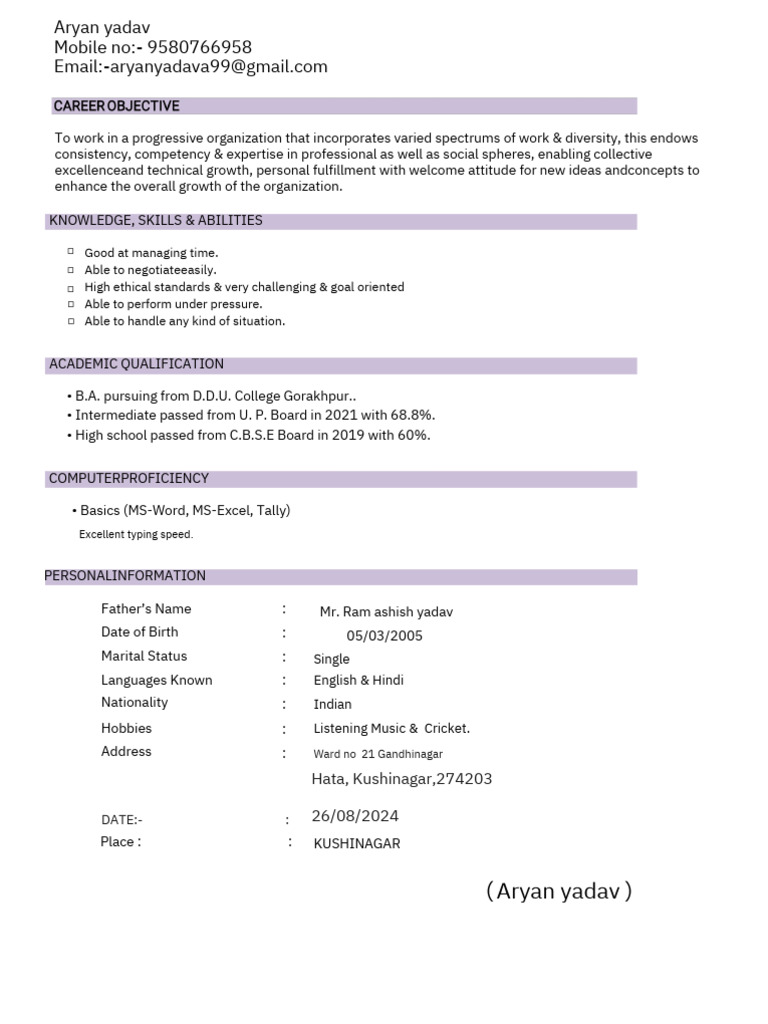 Aryan Yadav Bio Data 2 | PDF