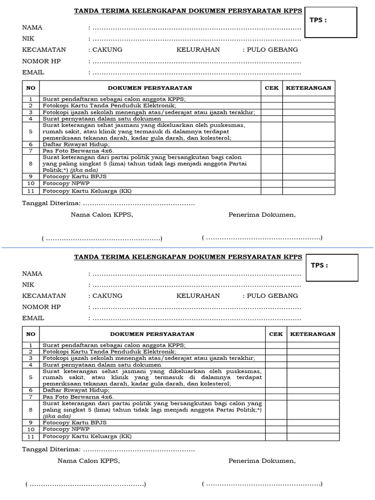 Tanda Terima Kelengkapan Dokumen Persyaratan KPPS | PDF | Sports ...