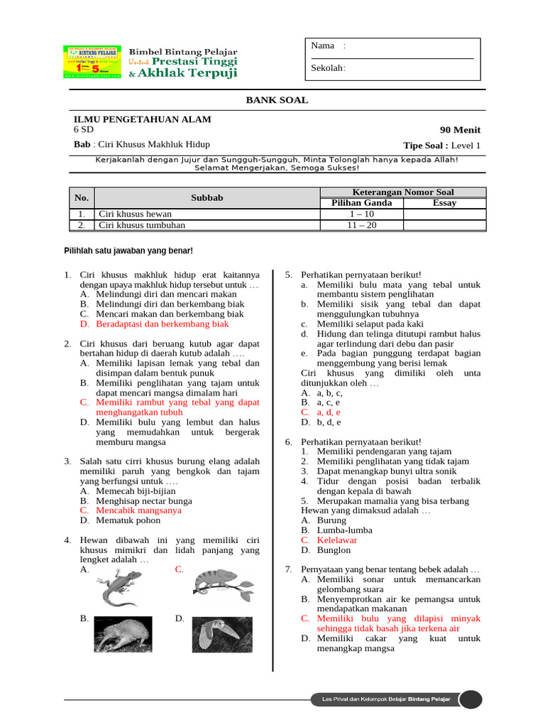 Bank Soal IPA 6D Tema Ciri Khusus Makhluk Hidup (Level 1) | PDF
