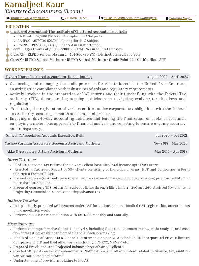 CA Kamaljeet Kaur - CV | PDF