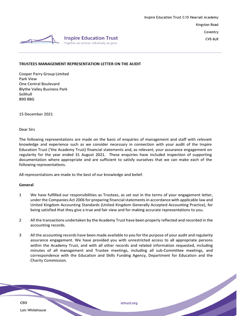 Letter-of-Representation-audit-signed-DBE Uk | PDF